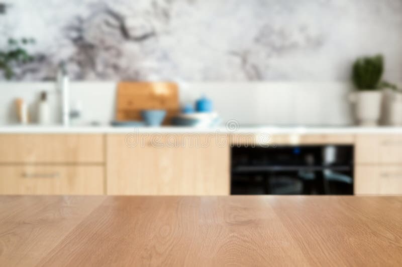 Dining Wood Table at Modern Kitchen Backdrop Stock Photo - Image of ...