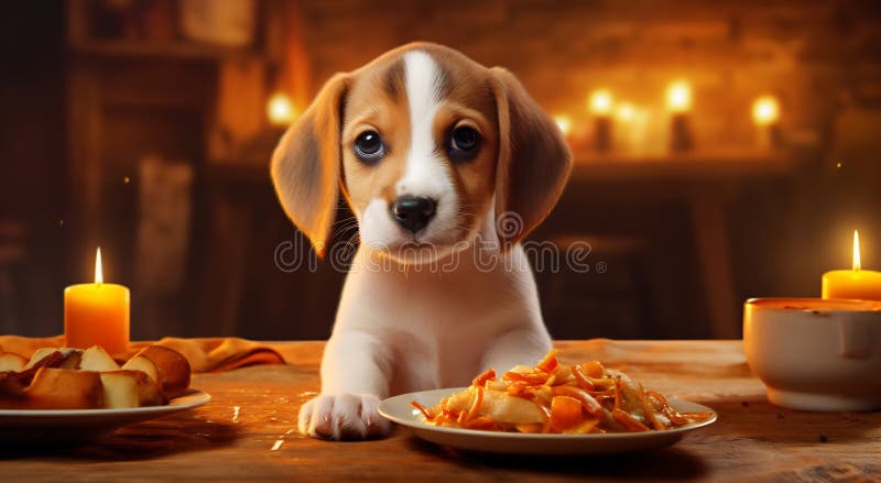 Dinner with Beagle Puppy stock photo. Image of animal - 319972834