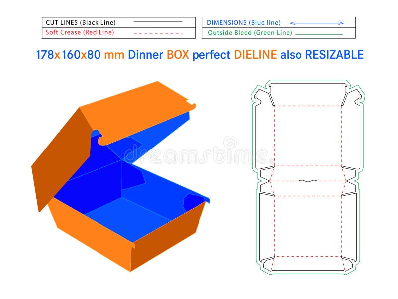 Dinner Box Die Line or 178 X 160 X 80 Mm Size Die-cut Template Fast ...