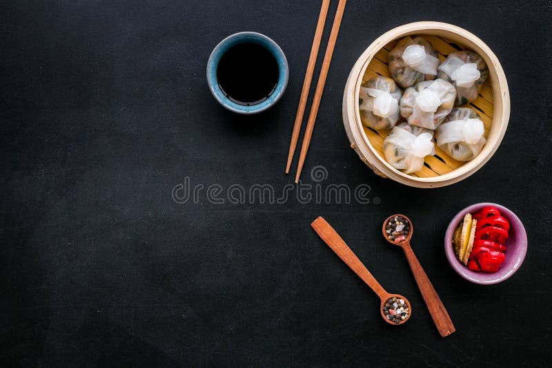 Dinner in Chinese Restaurant with Dim Sum, Sticks and Tea on White ...