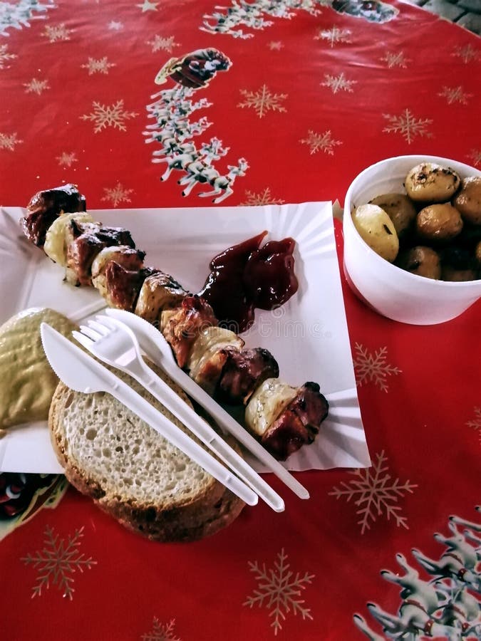 Dinner at the Christmas Market. Christmas Kebab. New Year is ...