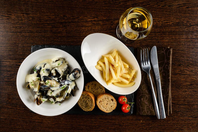 Dinner Concept for Two with Two Glasses of Wine, Baked Fish. Dinner ...