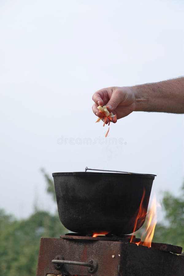 Dinner Cooking on an Open Fire Stock Photo - Image of hand, flowers ...