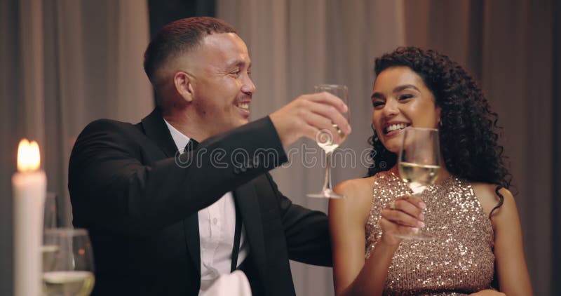 Dinner, Date and Couple Cheers with Fine Dining, Love and Happy from ...