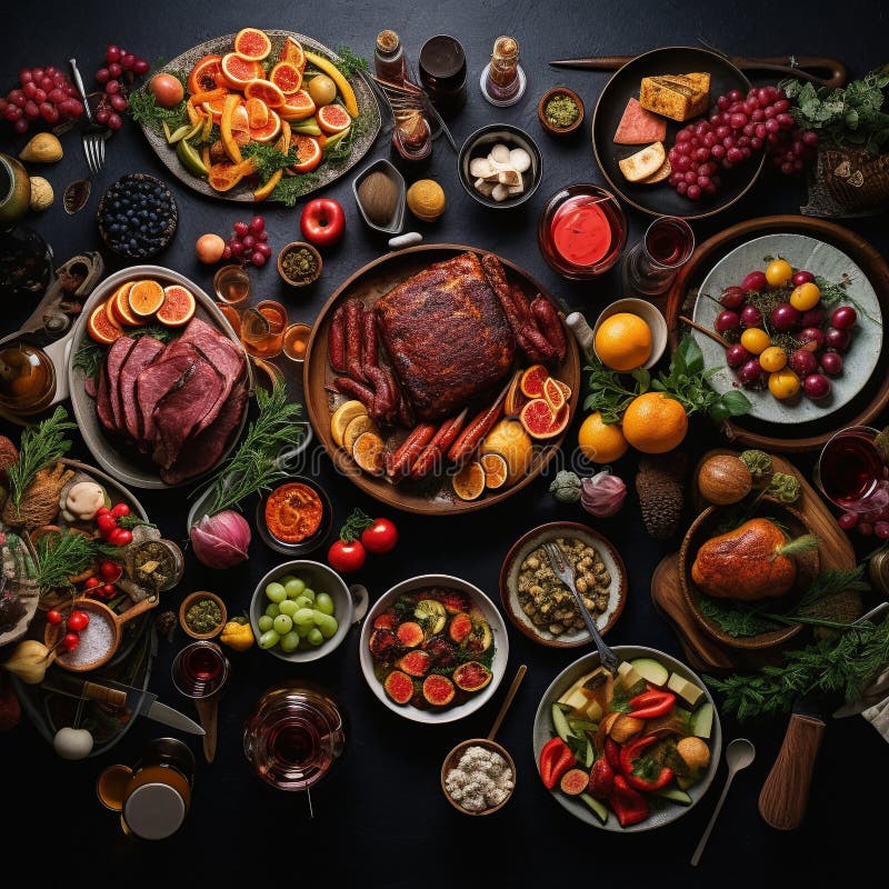 Dinner Feast. Flat Lay Image Stock Illustration - Illustration of ...