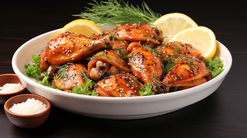 Dinner Food Baked Chicken in a Plate on White Stock Photo - Image of ...