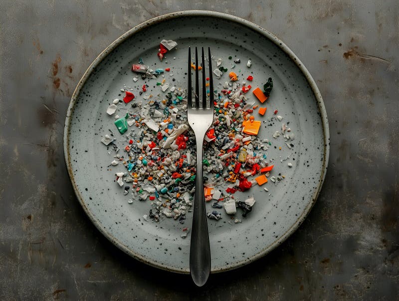 A Dinner Plate with a Fork and Colorful Microplastic Particles ...