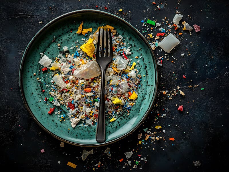 A Dinner Plate with a Fork and Colorful Microplastic Particles ...
