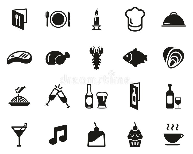 Dinner or Romantic Dinner Icons Black & White Set Big Stock Vector ...