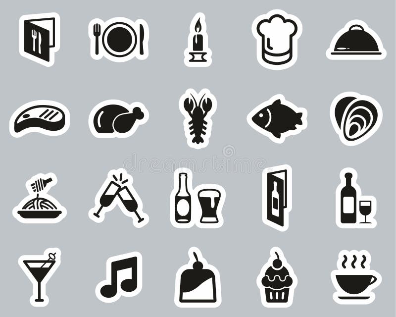 Dinner or Romantic Dinner Icons Black & White Sticker Set Big Stock ...