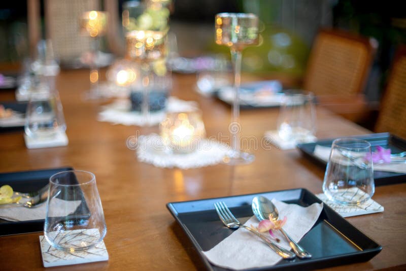 Dinner Set on the Wood Table with Long Wine Glass Stock Image - Image ...