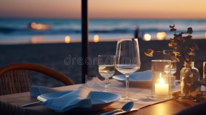Romantic Dinner Setting on the Beach at Sunset Stock Illustration ...