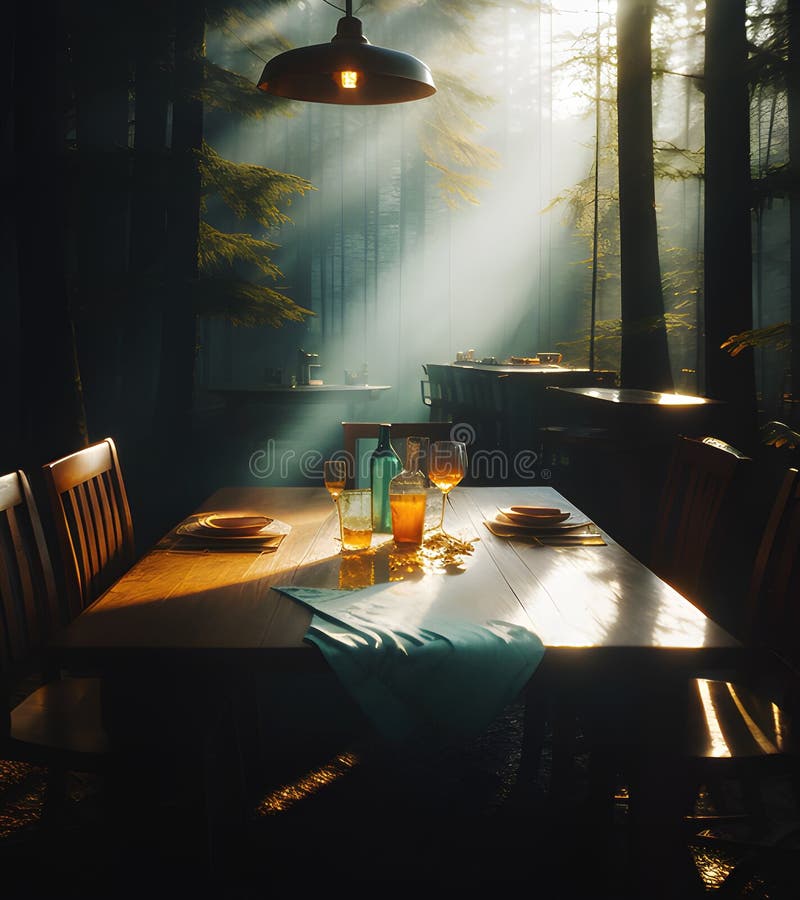 Dinner Setting in Forest Landscape, Generative Ai Stock Illustration ...