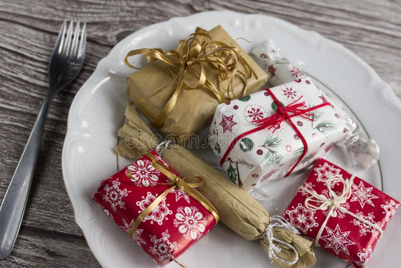 Dinner Setting with Gift. Suprize Eating or Gift Dinner Concept Stock ...