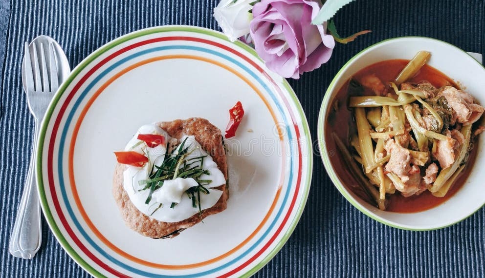 Dinner with Steamed Fish Wrapped with Chilli on a Ceramic Plate. Stock ...