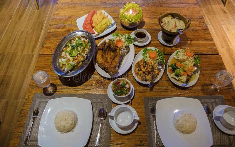 Dinner during Sunset with Fish and Thai Food Stock Photo - Image of ...