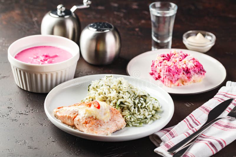 Dinner Table with Different Dishes, Three-course Set of Three Courses ...