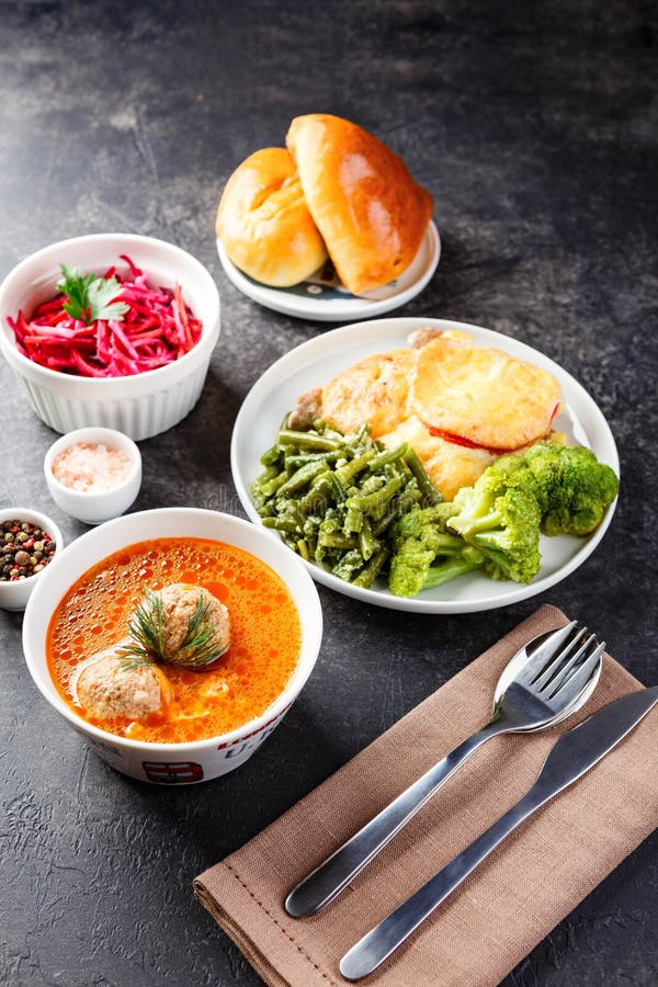 Dinner Table with Different Dishes, Three-course Set of Three Courses ...