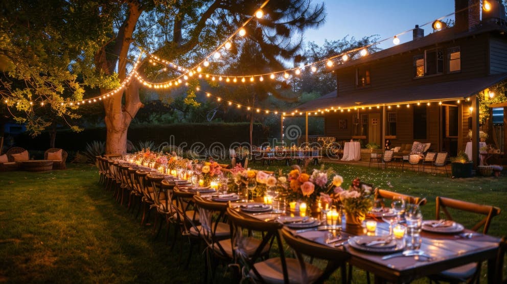 Dinner Table Set Up in Yard with String Lights Stock Image - Image of ...