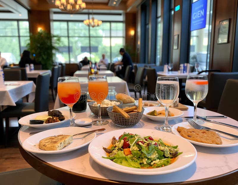 A Dinner Table with Foods and Soft Drinks in a Restaurant Stock ...