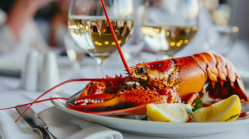 Dinner Table with Lobster Meal and White Wine. Fine Dining Experience ...