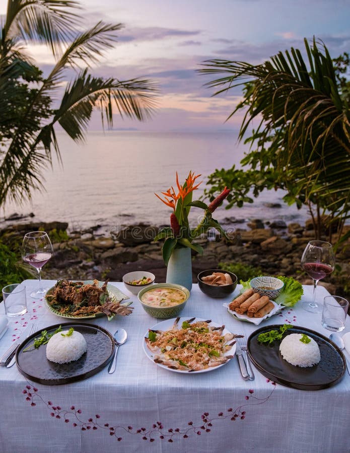 Dinner Table Looking Out Over Ocean with Thai Food, Dinner during ...