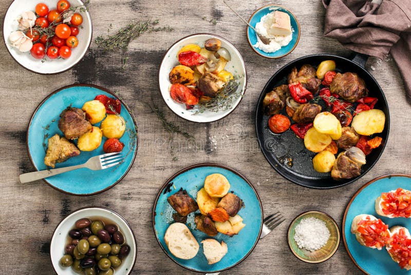 Dinner Table with Many Different Meals, Top View Stock Image - Image of ...