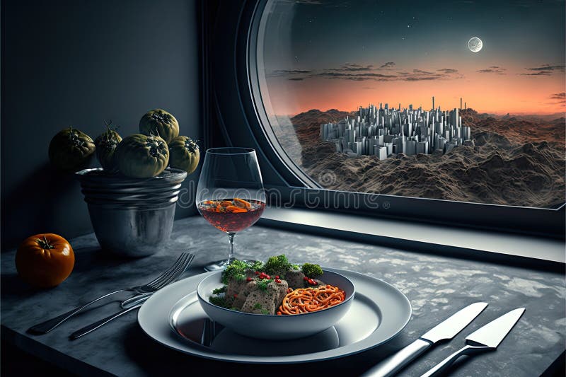 Dinner: a Table for One by the Window Overlooking the Space Colony ...