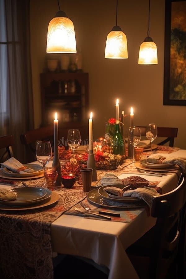 Dinner Table Set for a Family Meal, Warm Lighting Stock Image - Image ...
