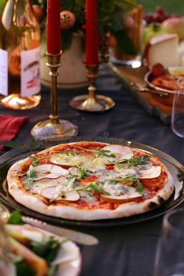 Dinner table set pizza stock image. Image of fresh, fruit - 162970493