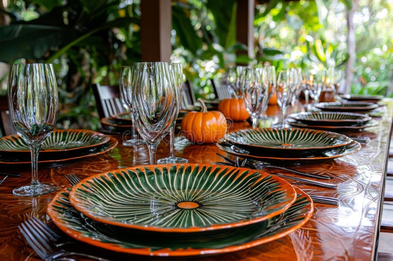 Dinner Table Setting with Ceramic Pumpkins and Fall Autumn Theme ...