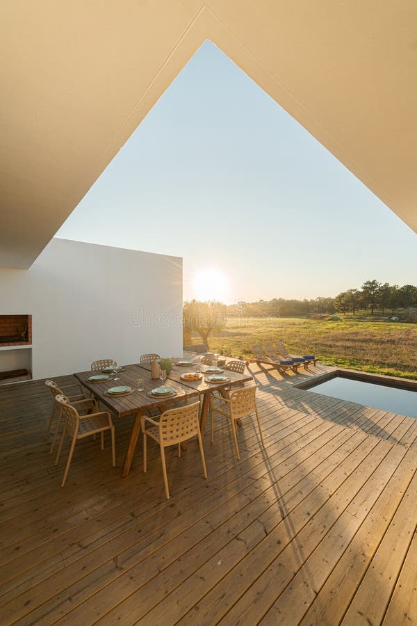 Dinner Table Setting in Modern Villa Terrace Stock Photo - Image of ...