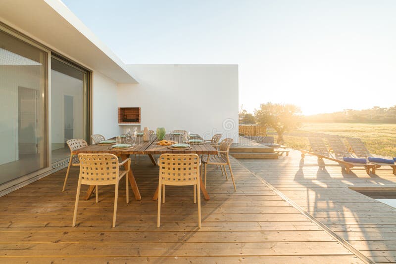 Dinner Table Setting in Modern Villa Terrace Stock Photo - Image of ...