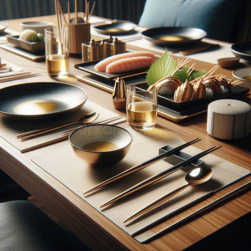 Dinner Table with Sleek Wood and Chrome Chopsticks Placed Neatly Stock ...