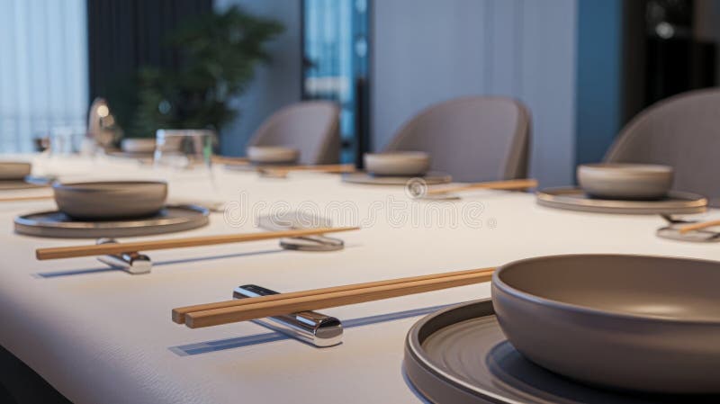 Dinner Table with Sleek Wood and Chrome Chopsticks Placed Neatly Stock ...