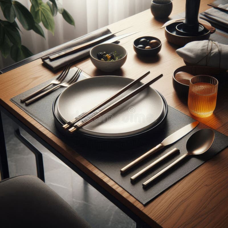 Dinner Table with Sleek Wood and Chrome Chopsticks Placed Neatly Stock ...