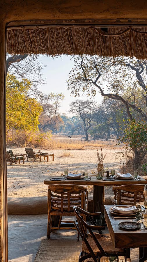 Safari Dining with a View of African Wildlife Stock Illustration ...
