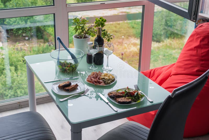 Dinner for Two with Steaks and Red Wine Stock Photo - Image of ...