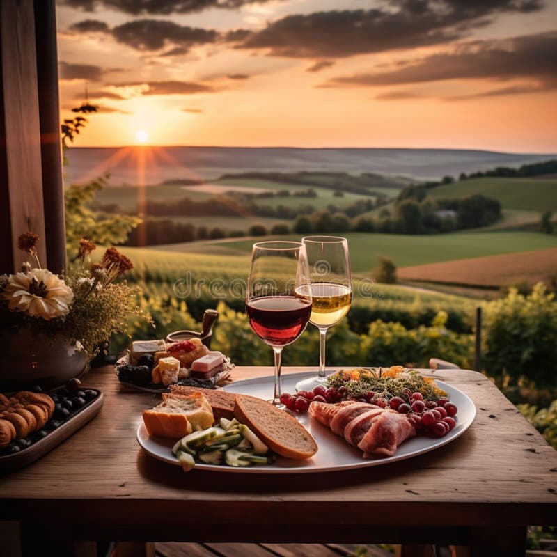 Dinner with View Over Fields in Sunset Stock Illustration ...