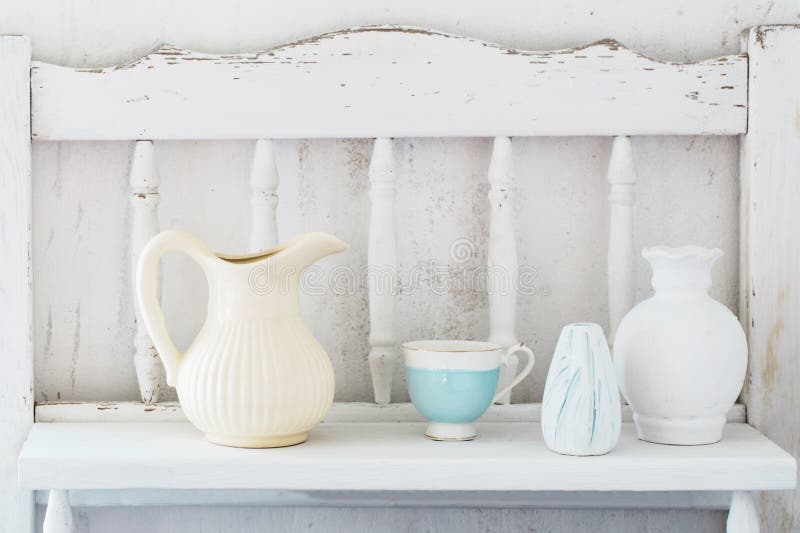 Dinnerware on White Wooden Shelf Stock Photo - Image of dishware ...