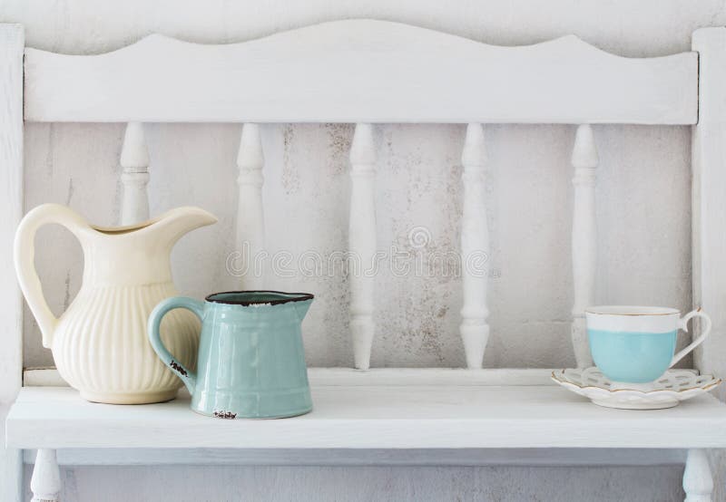 Dinnerware on White Wooden Shelf Stock Image - Image of vintage, chic ...