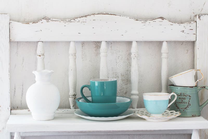 Dinnerware on White Wooden Shelf Stock Image - Image of service, dish ...