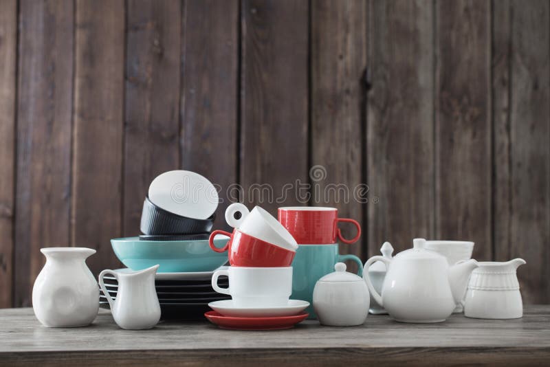 Dinnerware on Wooden Background in Kitchen Stock Photo - Image of ...