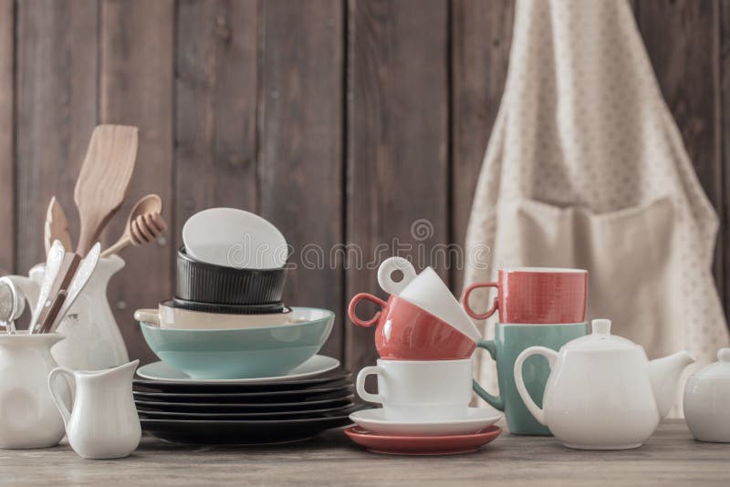 Dinnerware on Wooden Background Stock Image - Image of shelf, cafe ...