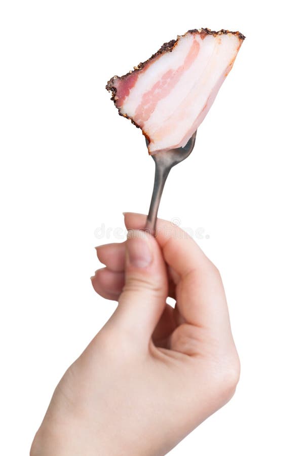 Dinning Fork with Impaled Piece of Bacon in Hand Stock Photo - Image of ...