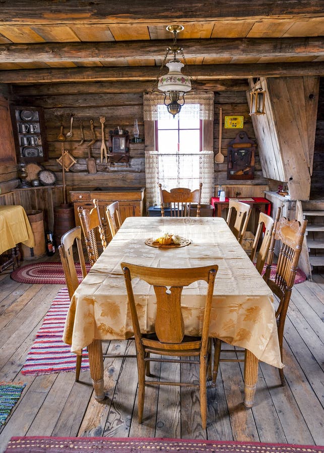 Dinning Room Table and Chairs in a Log Cabin Stock Photo - Image of ...