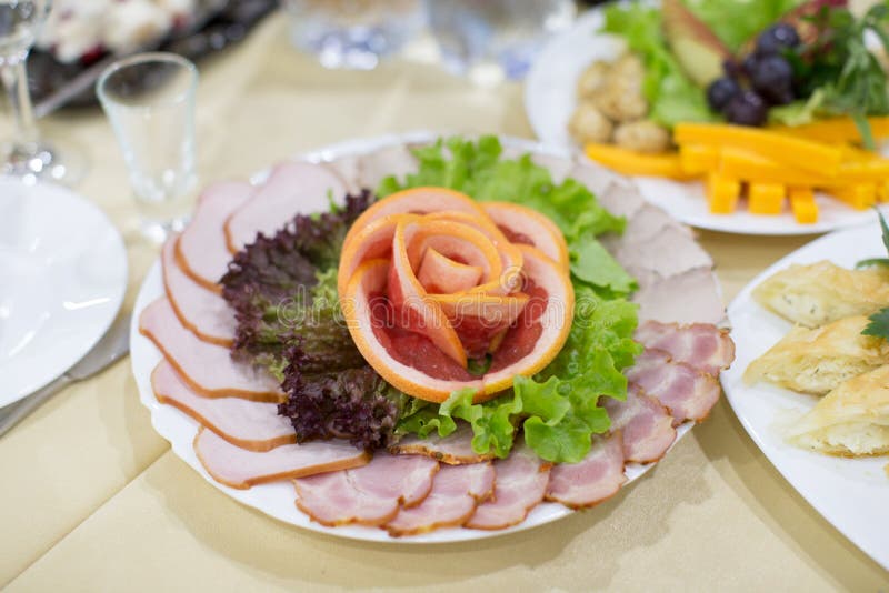 Dinning Table Set with Baked Sliced Ham Stock Photo - Image of plates ...