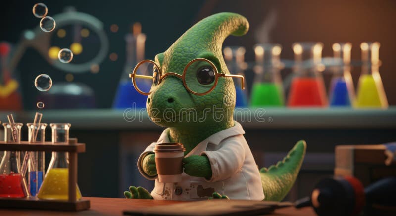 Dino Scientist S Coffee Break: a 3D Render of a Cute Dinosaur in a Lab ...