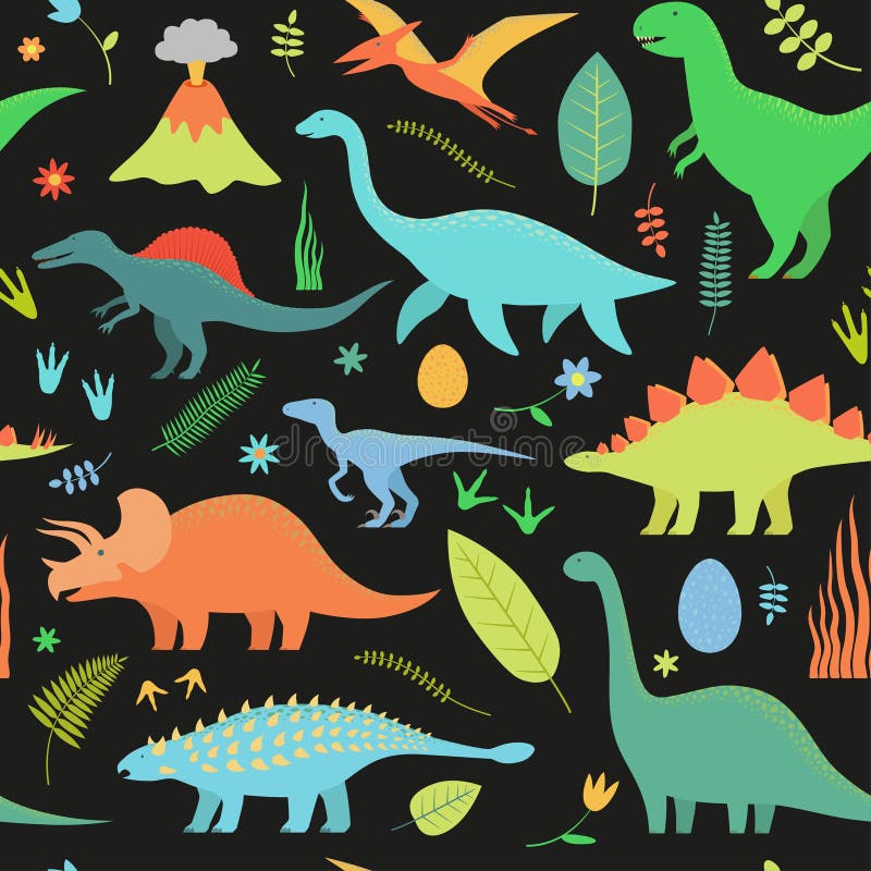 Dinosaurs Pattern on Black Background Stock Vector - Illustration of ...