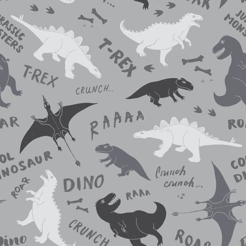 Dino Seamless Pattern, Cute Cartoon Dinosaurs Doodles Vector ...